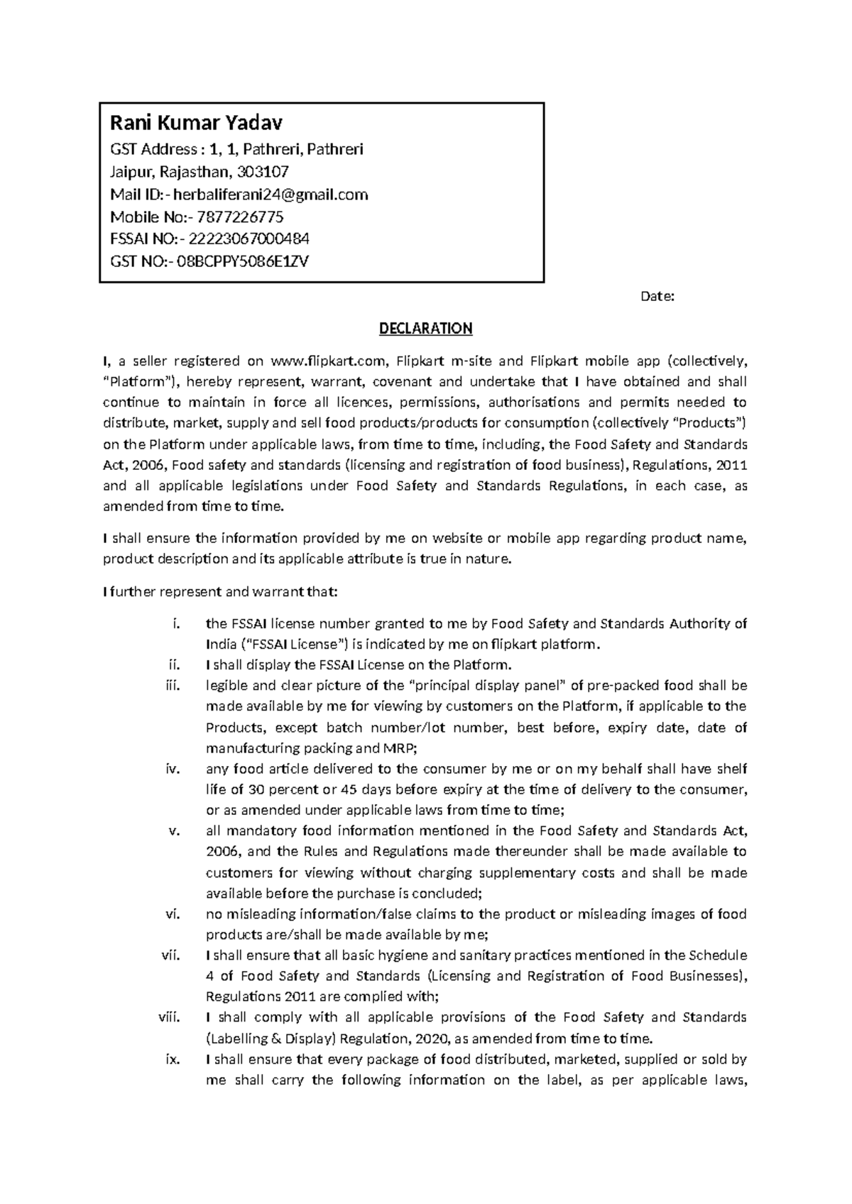 Updated Fk Seller Declaration for Food Safety Compliance - Studocu