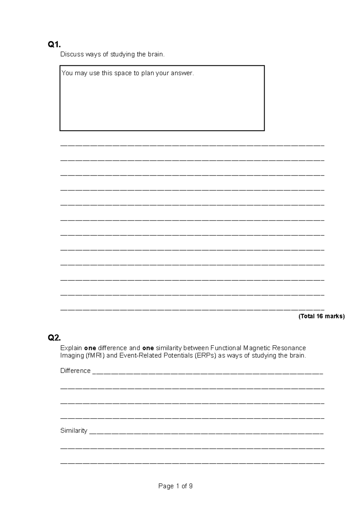 AQA A Level Psychology: Biopsychology Study Questions and Evaluations ...