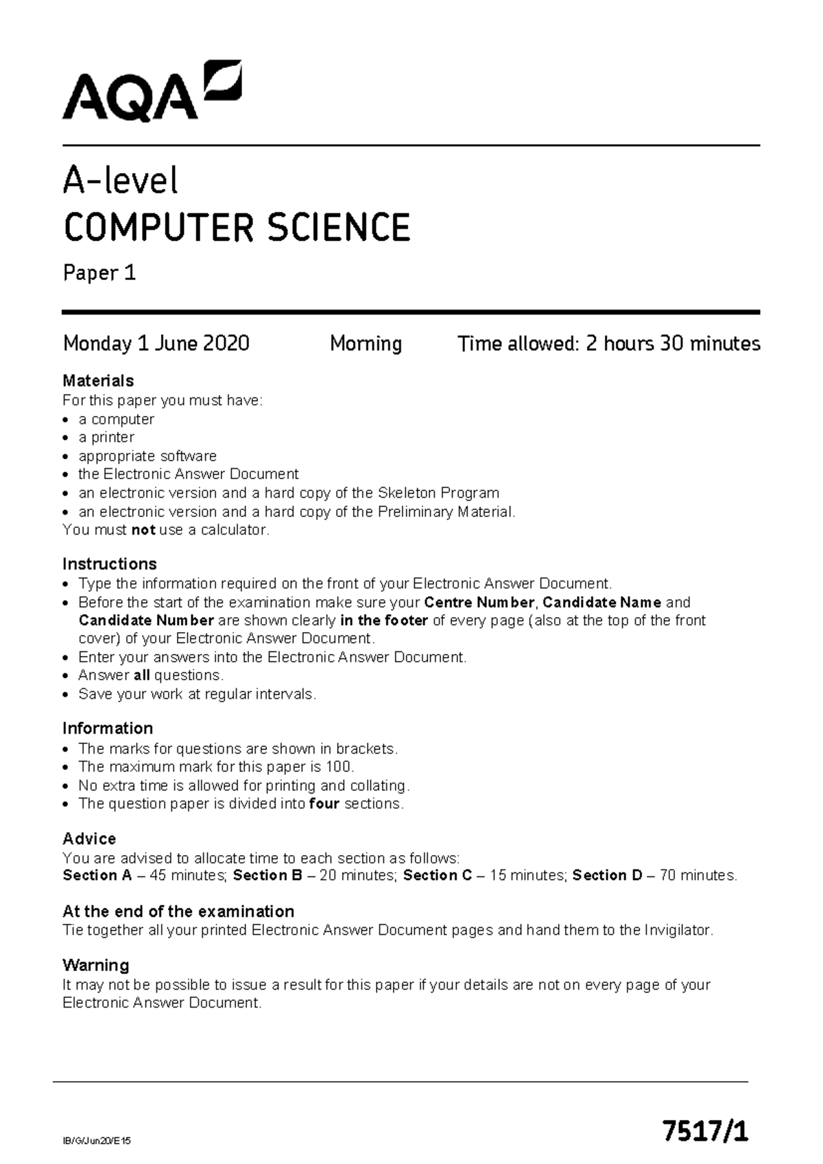 AQA 75171 Computer Science Paper 1 - Past Exam Questions - Studocu