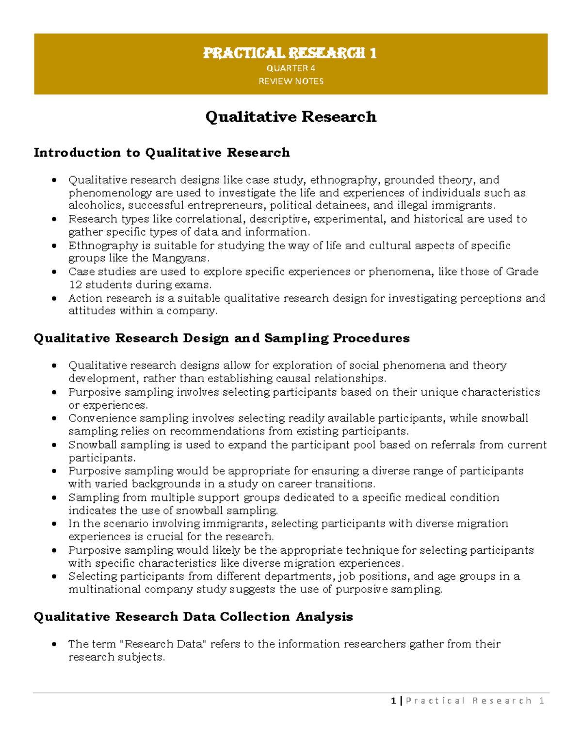 PRACTICAL RESEARCH 1 Q4 REVIEW NOTES: Qualitative Research Insights ...