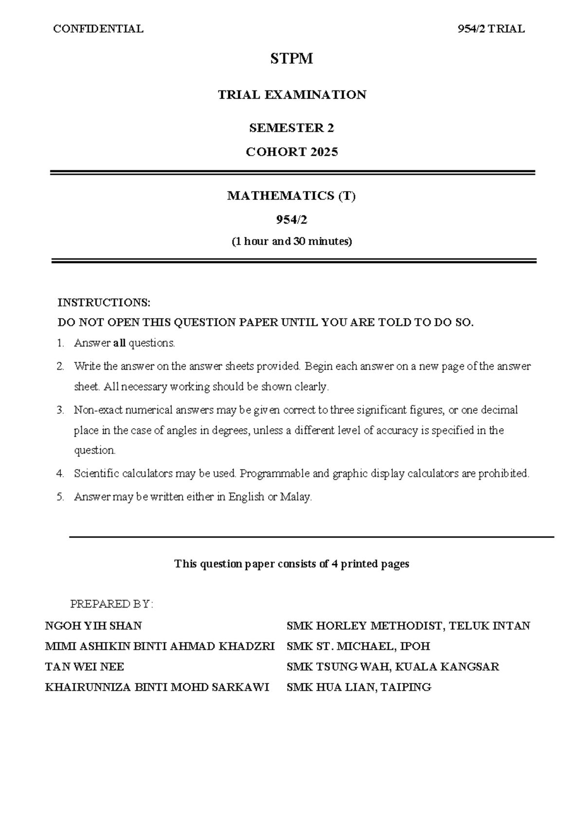 2025 STPM Trial Exam Semester 2 Mathematics (T) Questions - Studocu