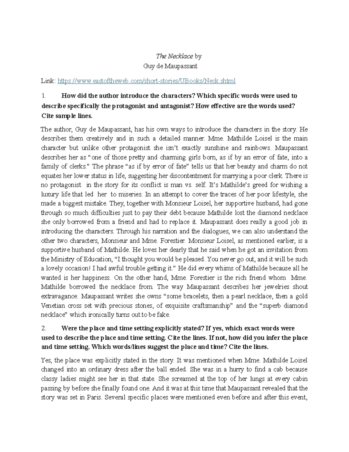 The Necklace: A Formalist Critique of Characterization and Setting ...
