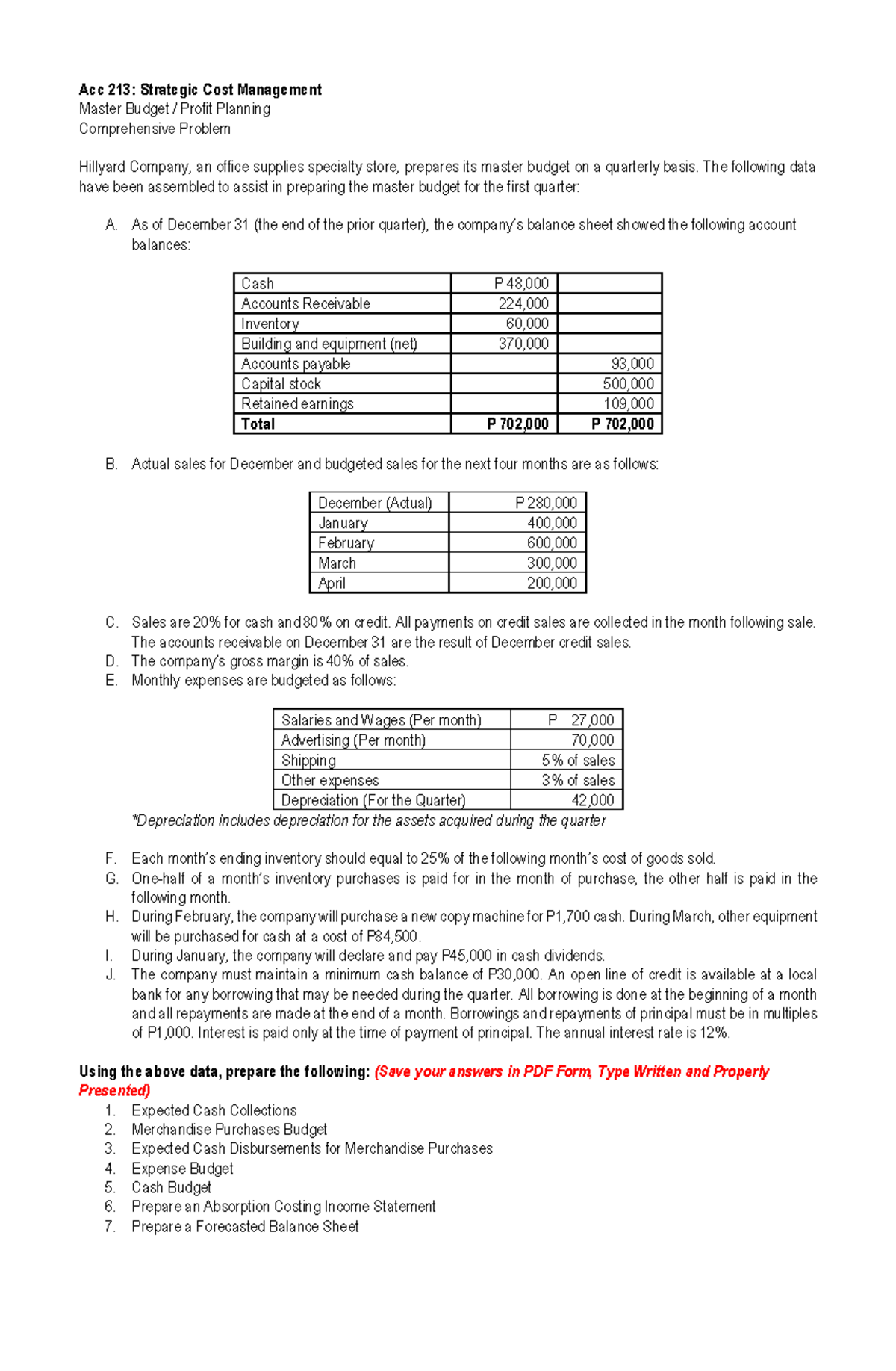 Acc 213: Master Budget Comprehensive Problem Solution - Studocu