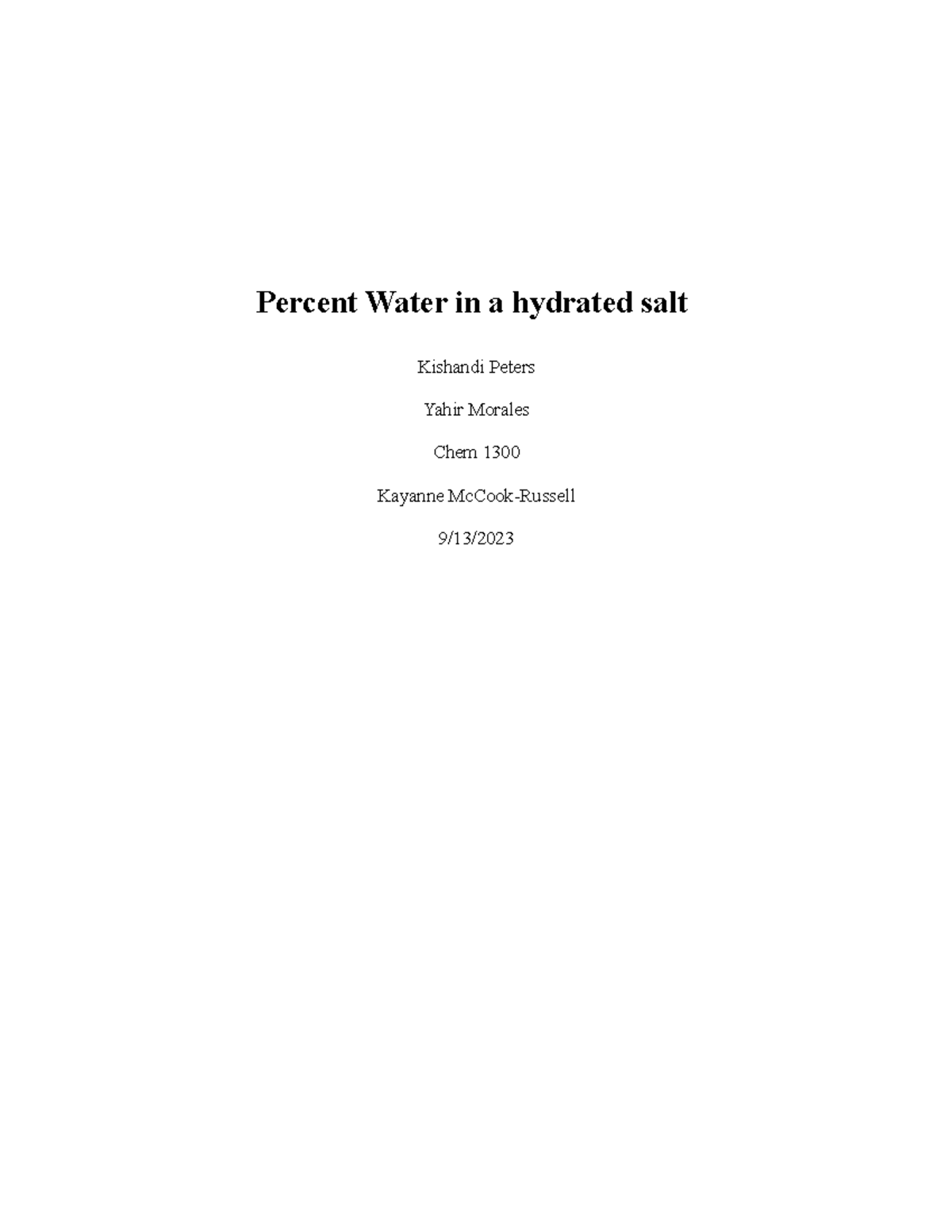 Chem 1300 Lab 5: Determining Percent Water in Hydrated Salt - Studocu