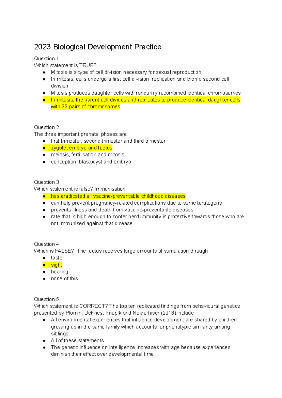 Lecture Quizzes - Bio Dev 2023: Understanding Biological Concepts - Studocu