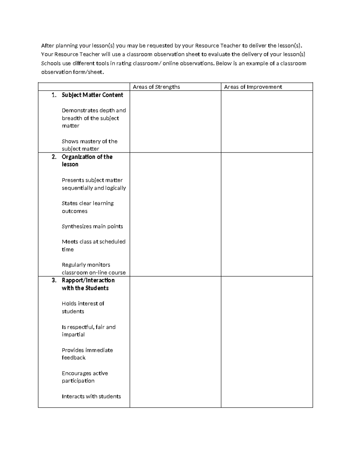 Evaluation form - After planning your lesson(s) you may be requested by ...