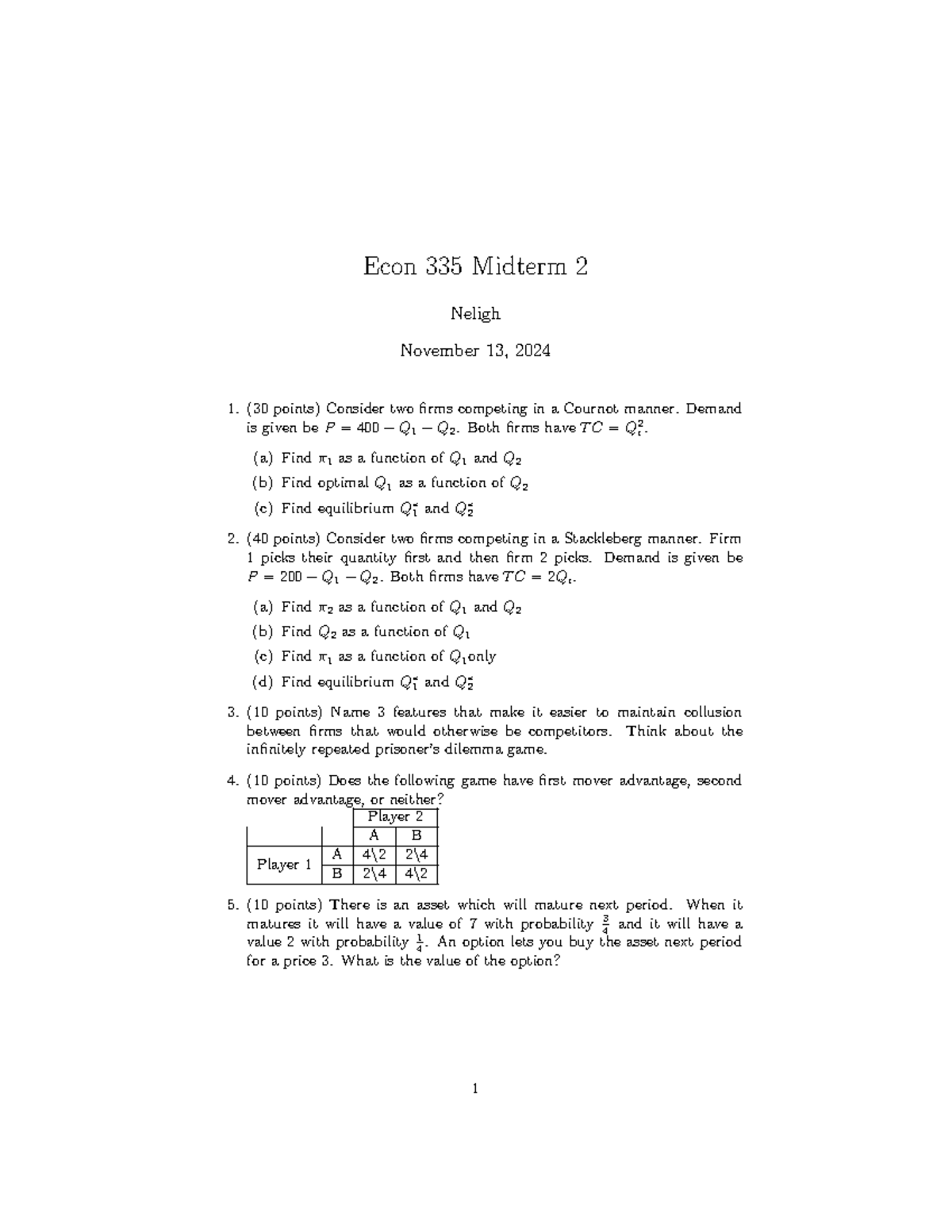 Econ 335 Midterm 2 Study Guide - Key Concepts & Problem Solutions - Studocu