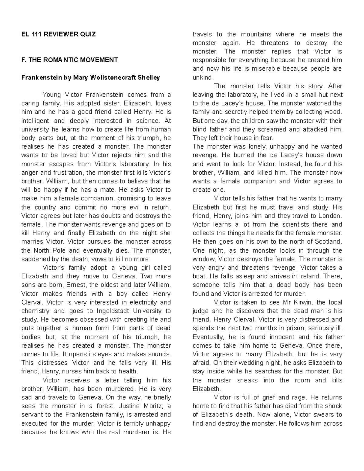 EL 111 Reviewer Quiz: The Romantic Movement in Frankenstein - Studocu