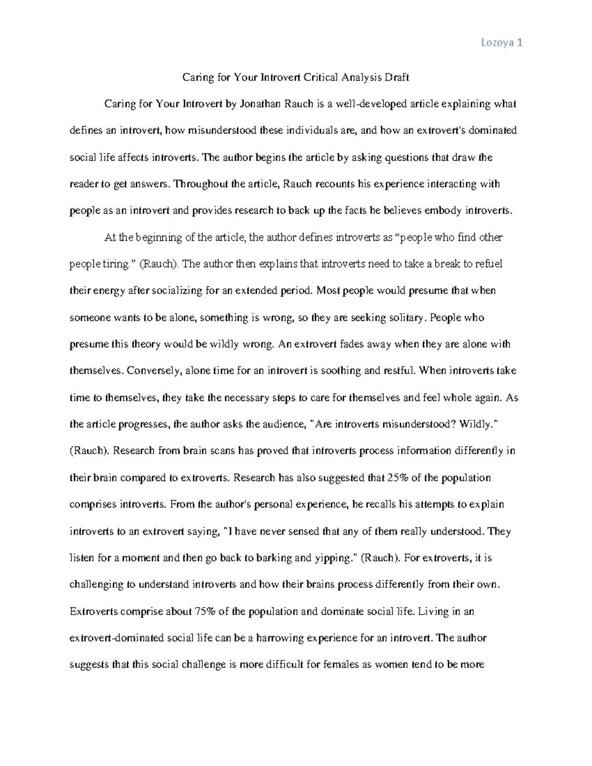 Critical Analysis Draft - Lozoya 1 Caring for Your Introvert Critical Analysis Draft Caring for ...