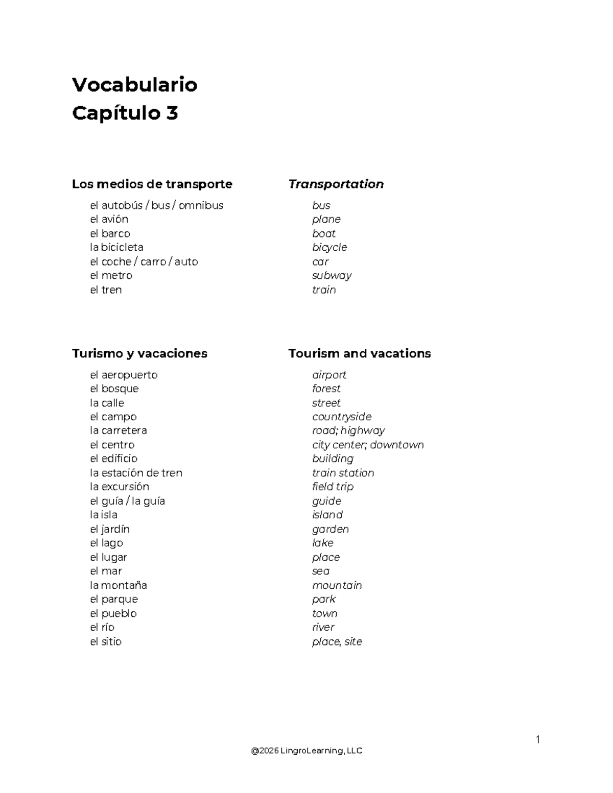Capítulo 3: Vocabulario de Transporte y Turismo - LingroLearning - Studocu