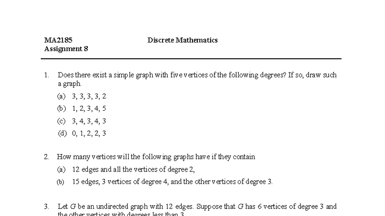 MA2185 Assignment 8 - Discrete Mathematics Graph Problems - Studocu