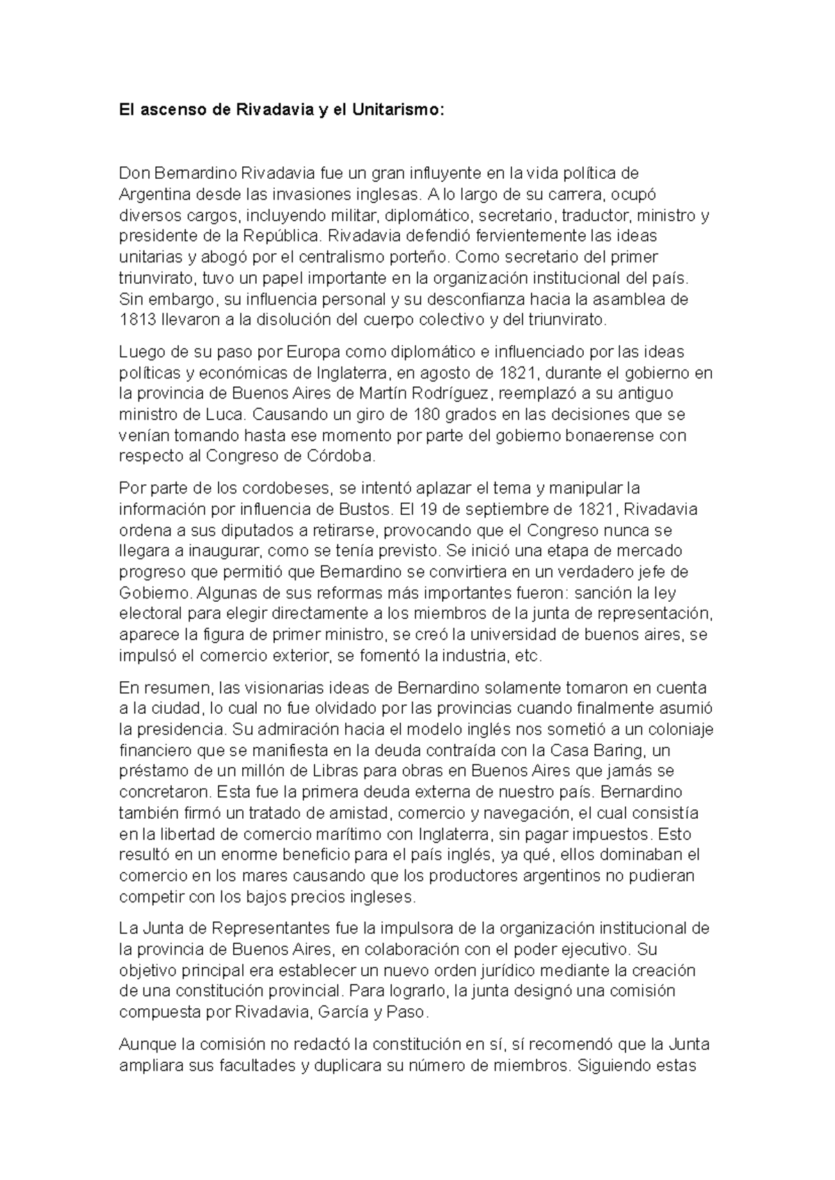 Rivadavia - Apuntes de Clase sobre el Unitarismo en Argentina - Studocu