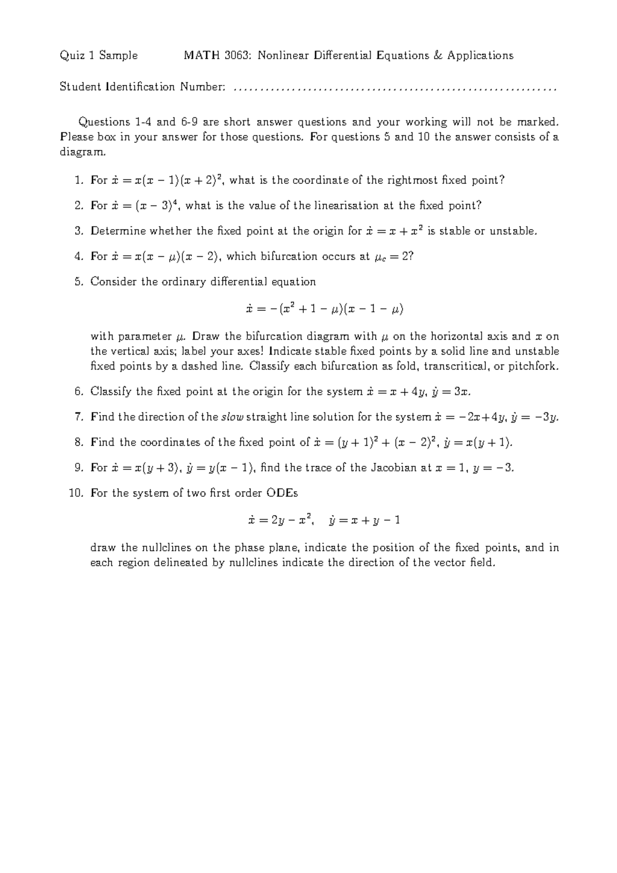 Quiz 1 Sample MATH 3063: Nonlinear Differential Equations Practice ...