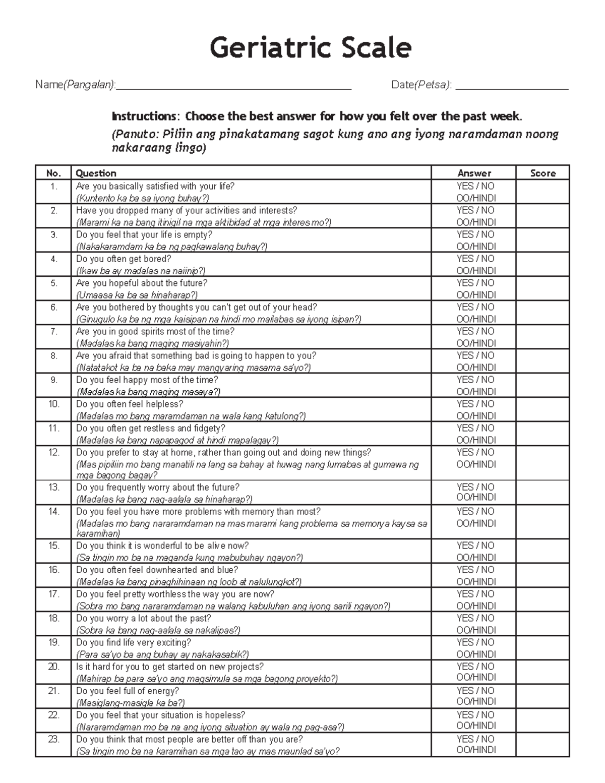 Geriatric Depression Scale: LONG Version Questionnaire Guidelines - Studocu