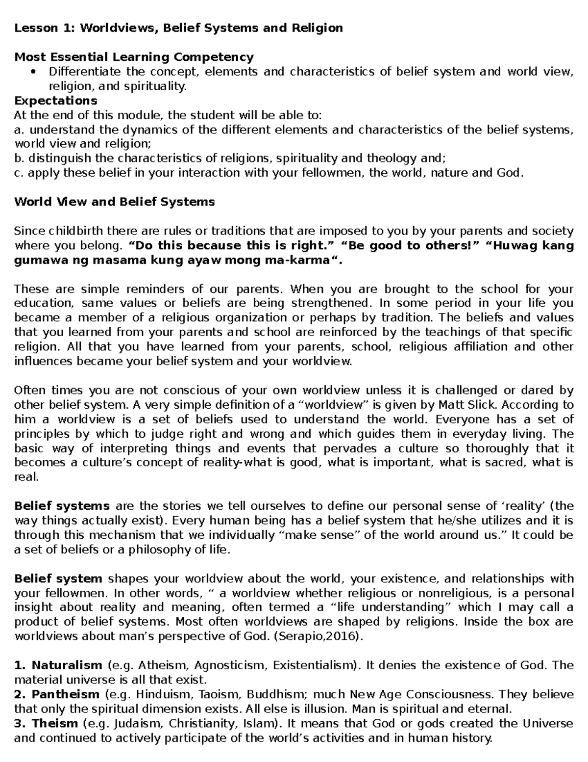 Lesson 1 3rd Quarter Week 1 - Lesson 1: Worldviews, Belief Systems and ...