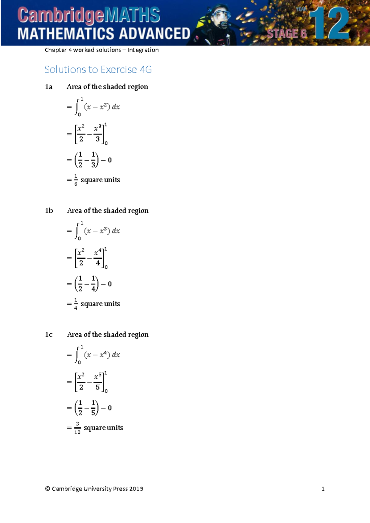 Chapter 4G Worked Solutions: Integration Exercises and Areas - Studocu