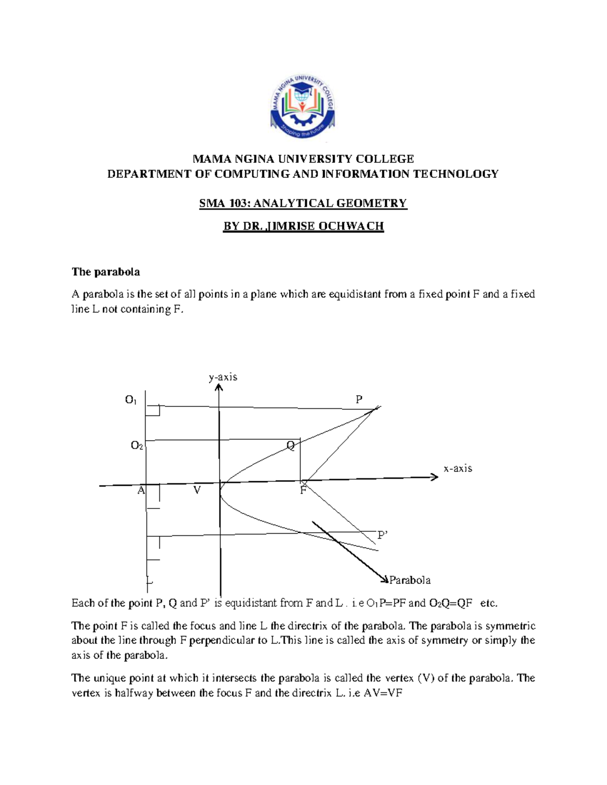 SMA 103: Analytical Geometry - Module 3 Notes on Parabolas - Studocu