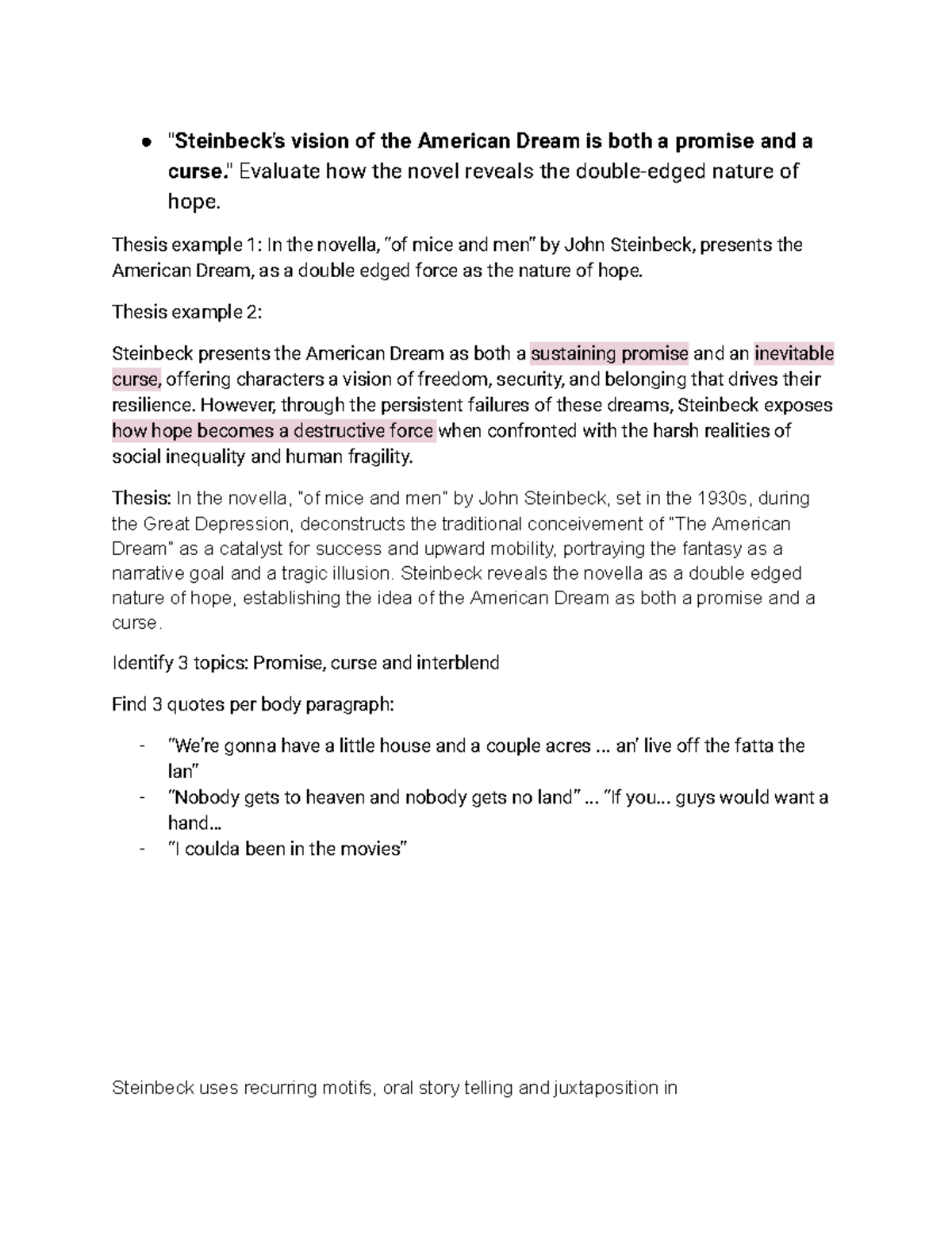 Prelim Notes for English: Analyzing Hope in Steinbeck's "Of Mice and ...