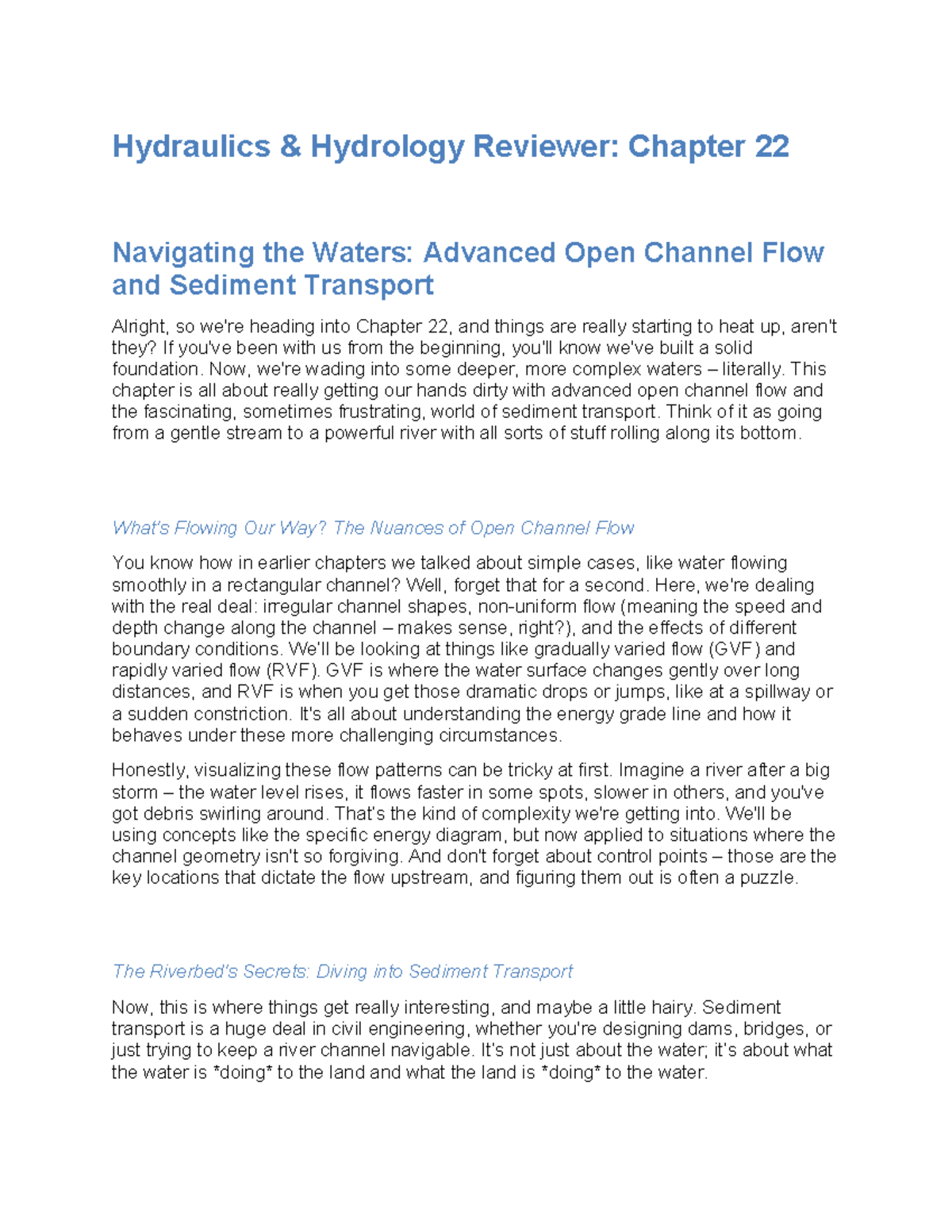 Hydraulics & Hydrology Review: Ch 22 - Advanced Open Channel Flow - Studocu