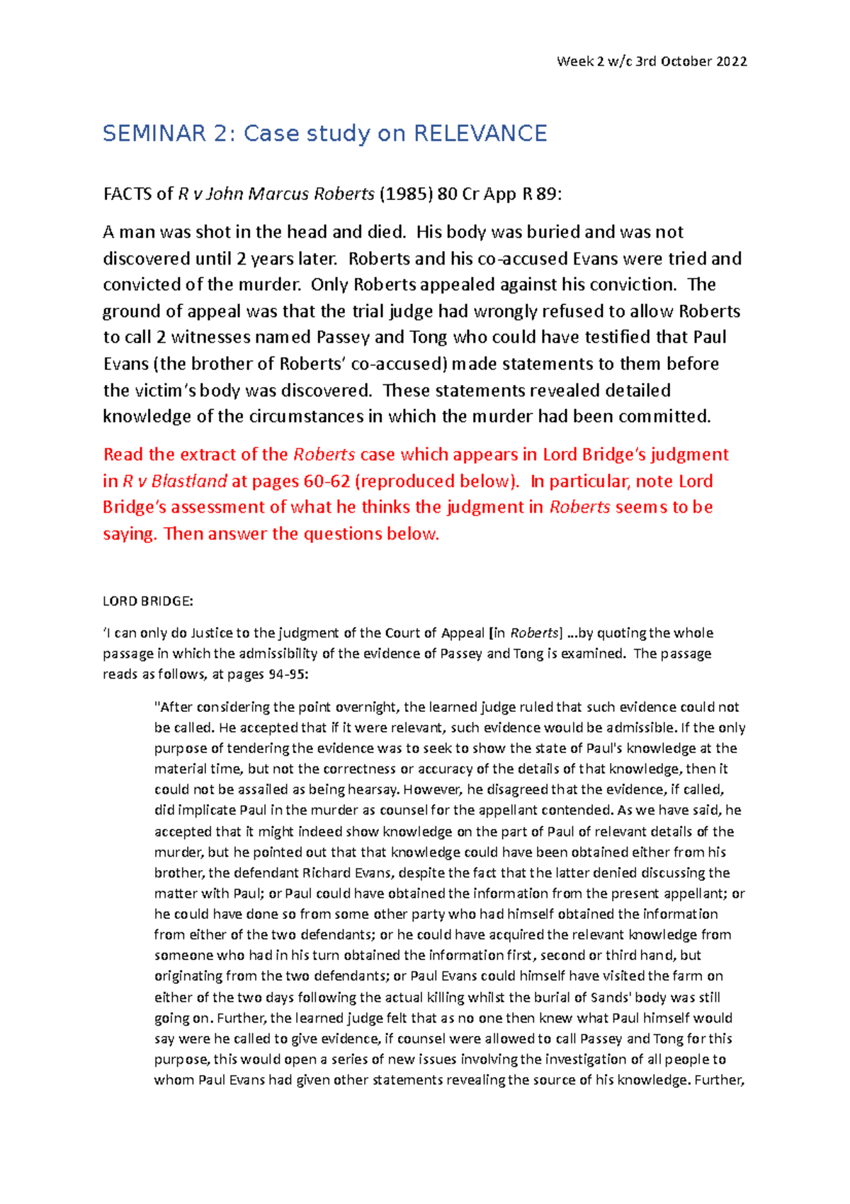 Seminar 2 Pre-Seminar Case Study on R v John Marcus Roberts (1985 ...