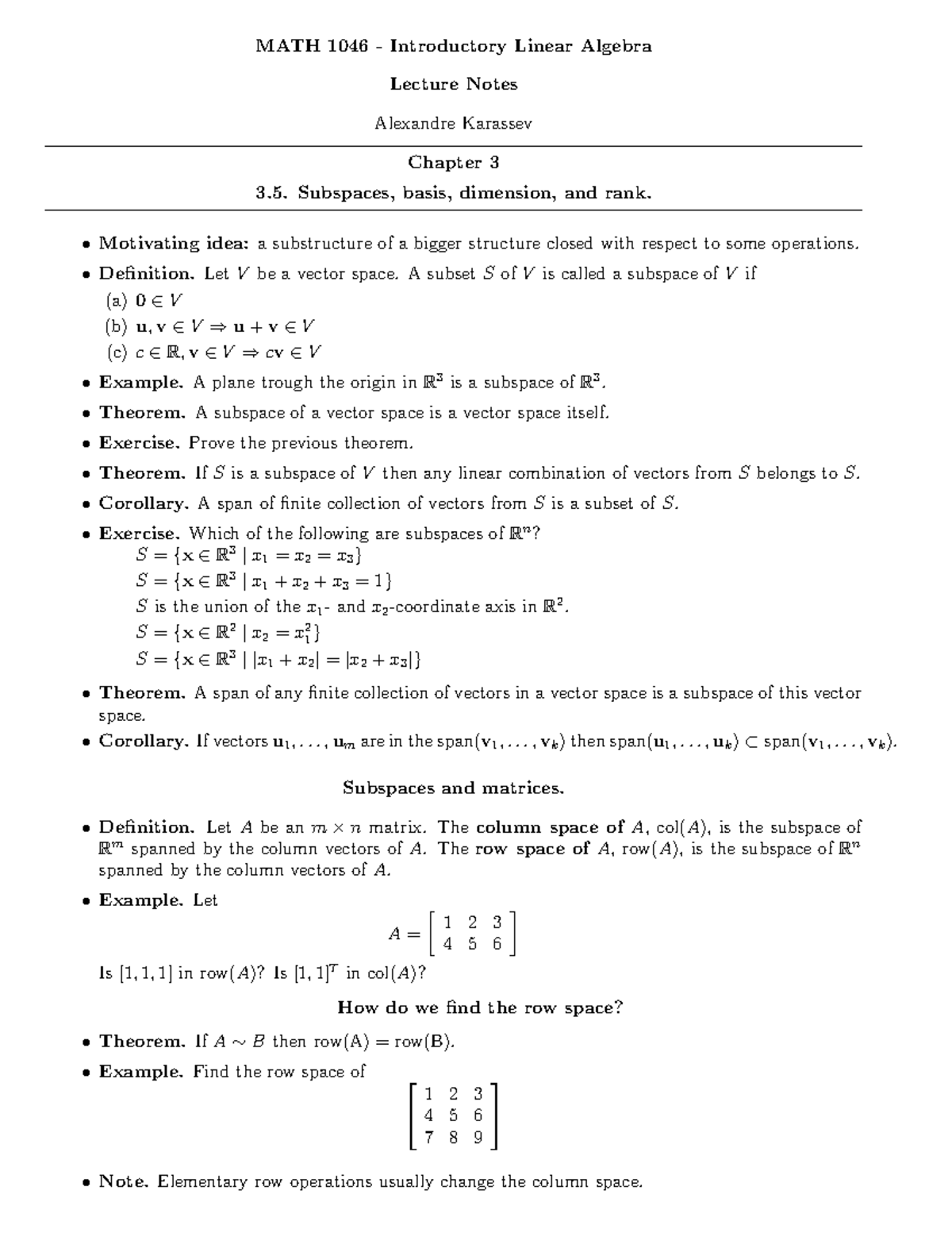 MATH 1046 Lecture Notes: Subspaces, Basis, Dimension & Rank - Studocu