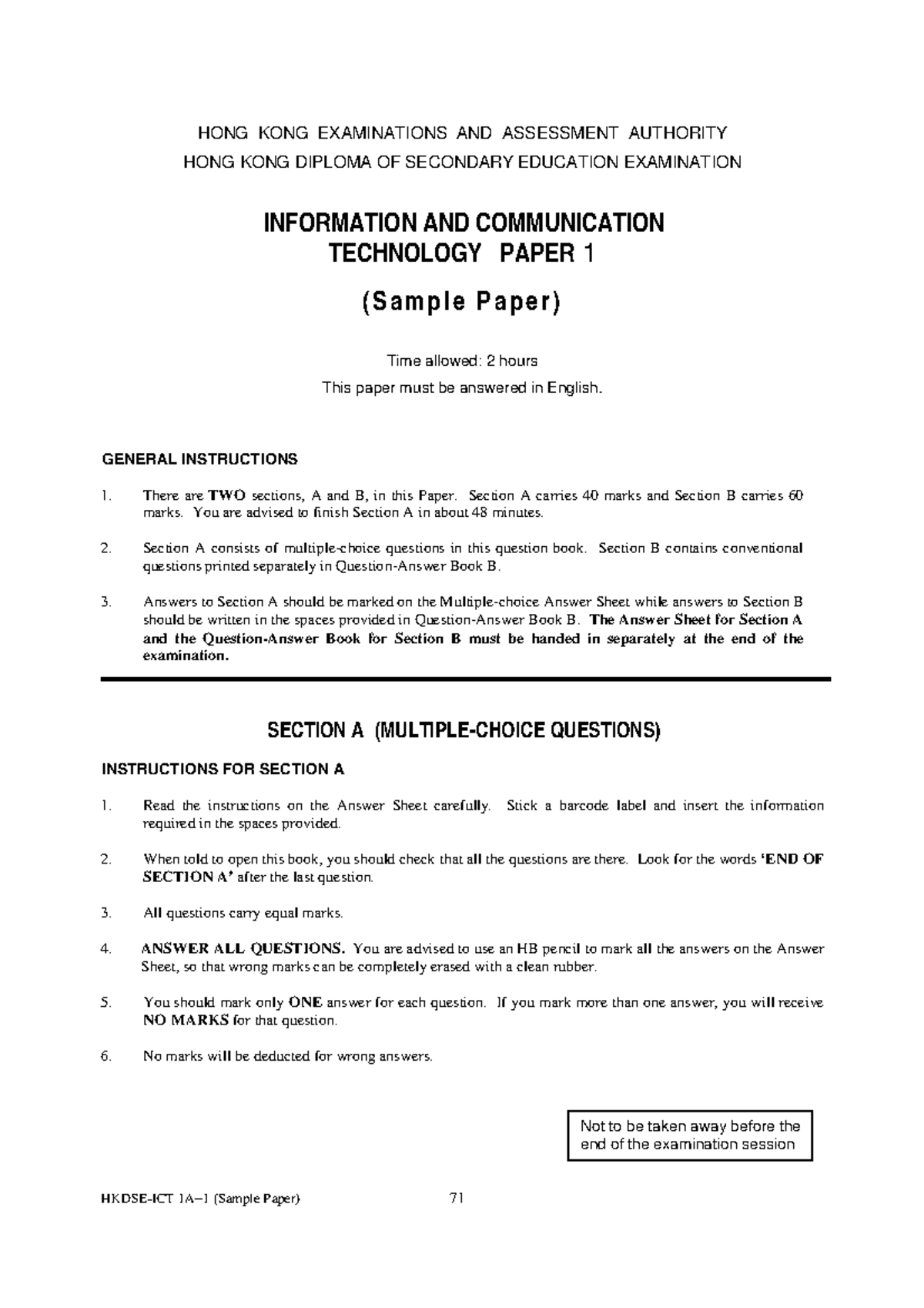 HKDSE-ICT Sample Paper 1 (Version 2, Examination Practice) - Studocu