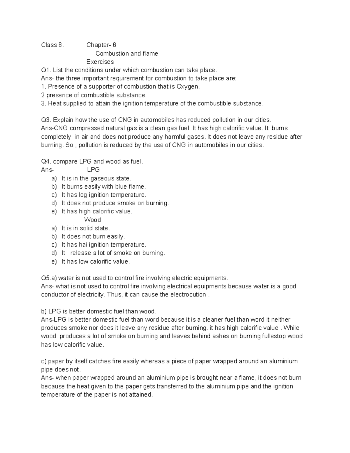 Class 8.6 Combustion & Flame Exam Qs and Answers - Studocu