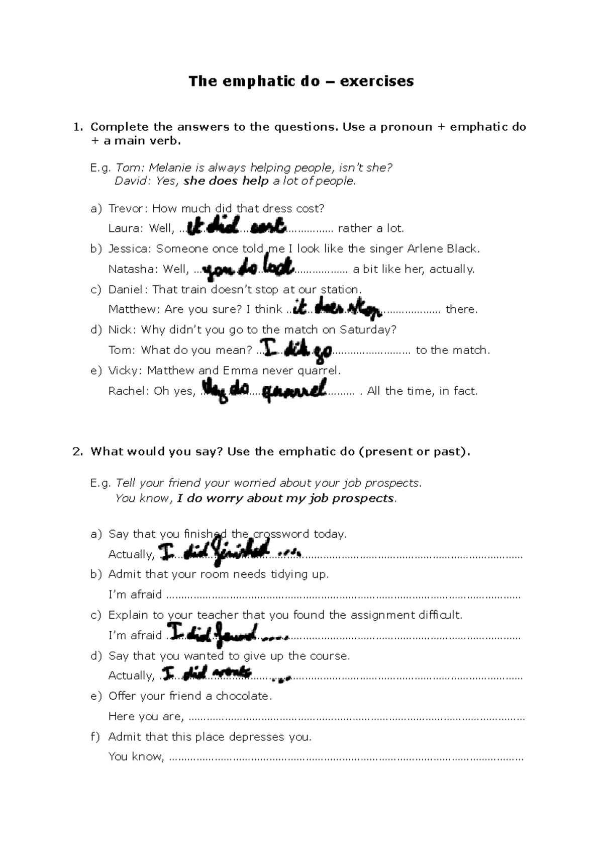 Exercises on the Emphatic Do: Practice and Answers - Studocu