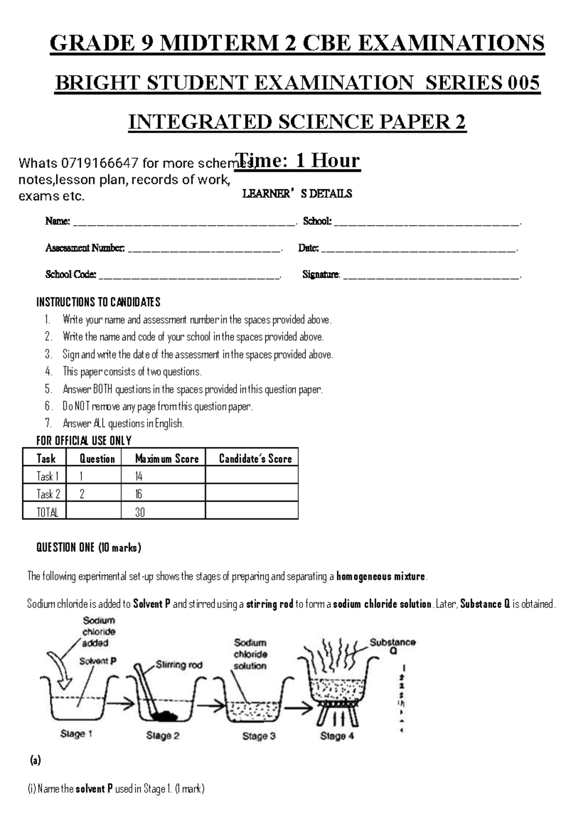 GRADE 9 MIDTERM 2 CBE INTEGRATED SCIENCE PAPER 2 EXAMINATION - Studocu