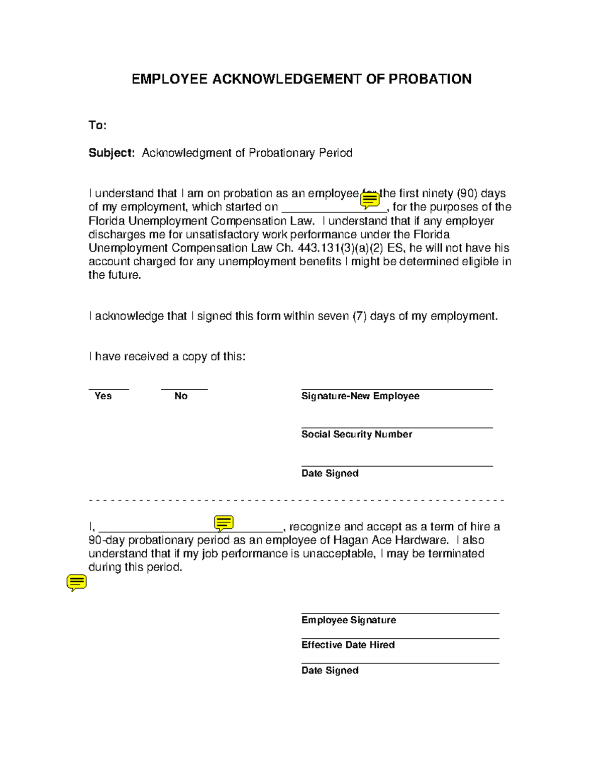 Employee Acknowledgment of Probation Period Document - Studocu
