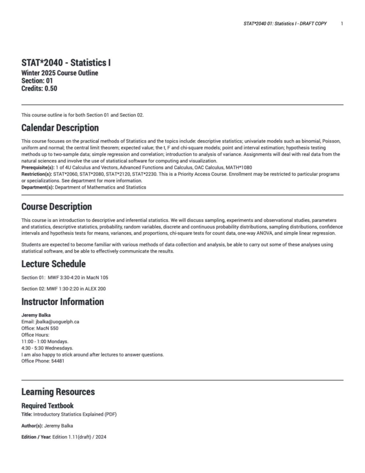 STAT 2040: Statistics I course outline for Winter 2025 - Studocu