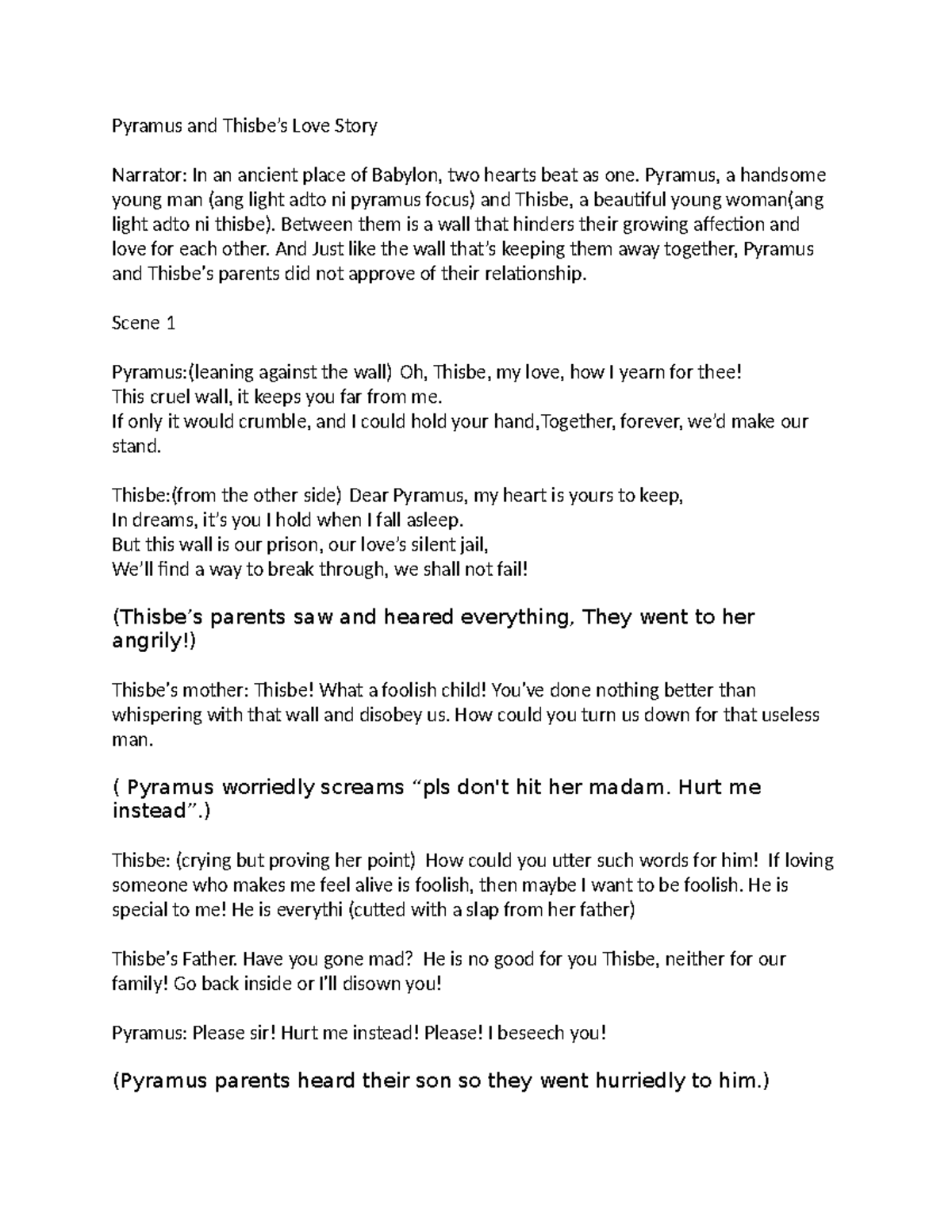 Pyramus and Thisbe: A Tragic Love Story Script Analysis - Studocu