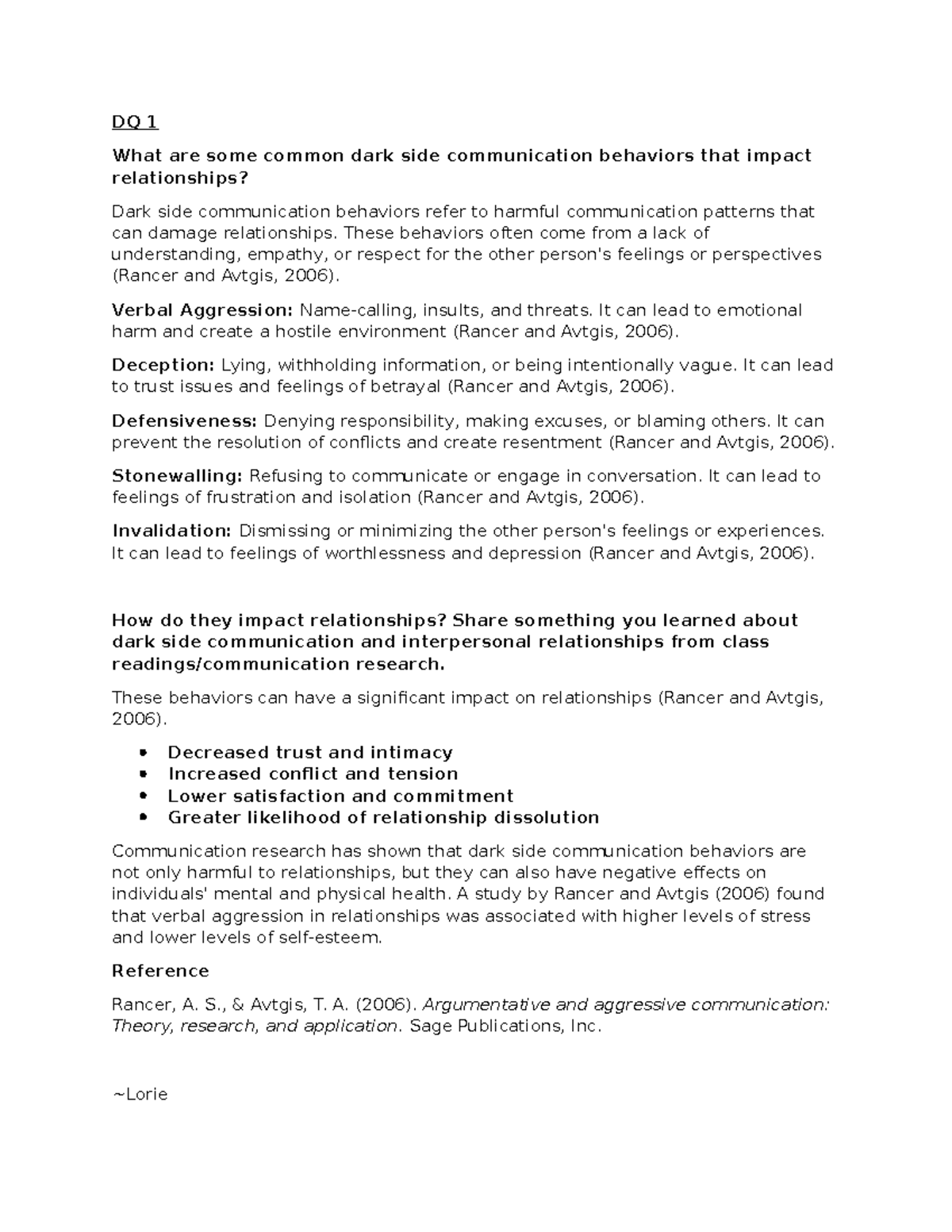 LMarilla COM-451 Final Exam DQ 1 & 2: Dark Side Communication Behaviors ...
