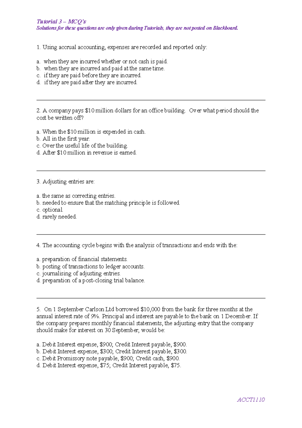 Tute 3 - Solutions for Accounting MCQs and Tutorials - Studocu