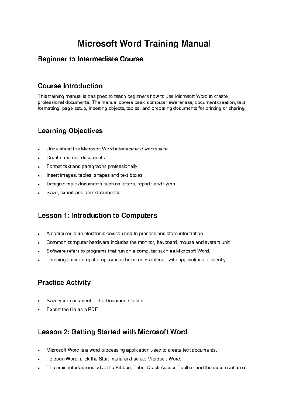 Microsoft Word Training Manual: Beginner to Intermediate Course - Studocu
