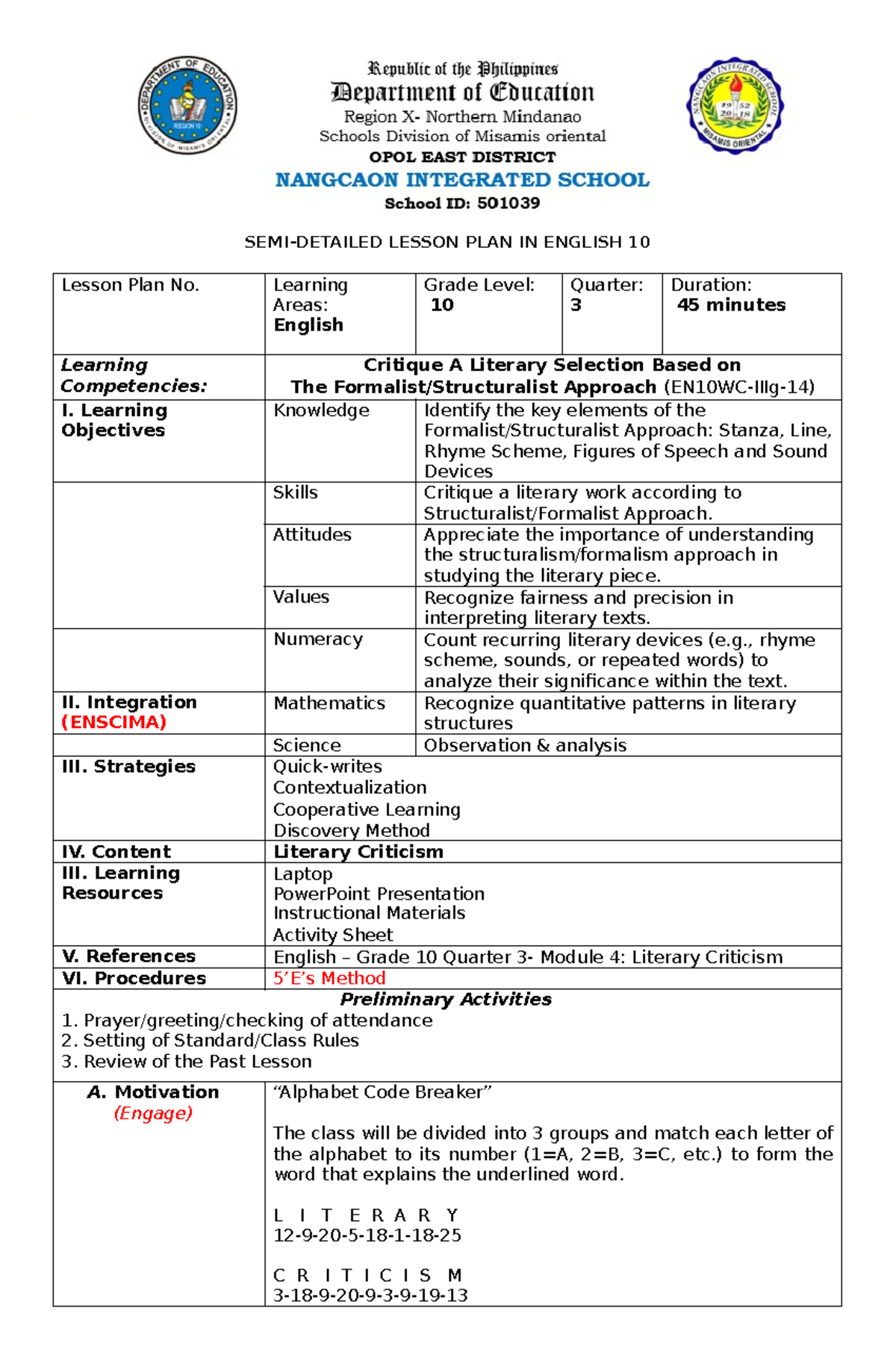 ENGLISH 10 Lesson Plan: Critiquing Literary Selections & Approaches ...
