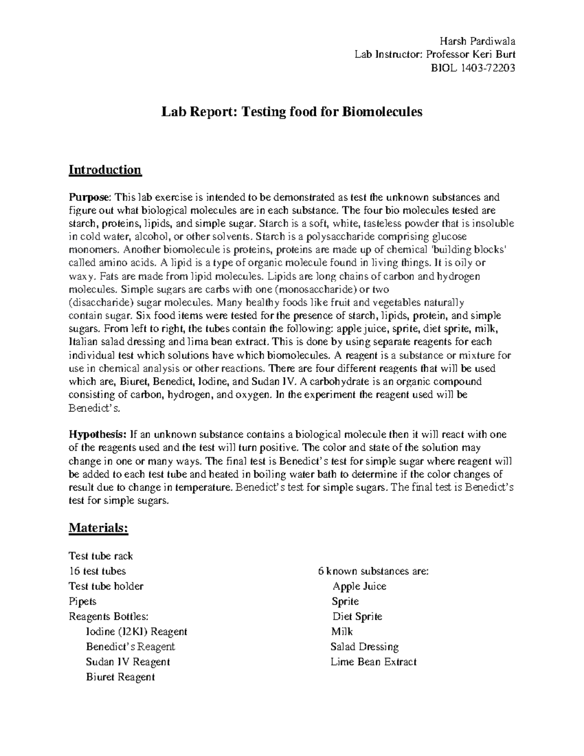BIOL 1403 Lab Report: Testing Food for Biomolecules Analysis - Studocu