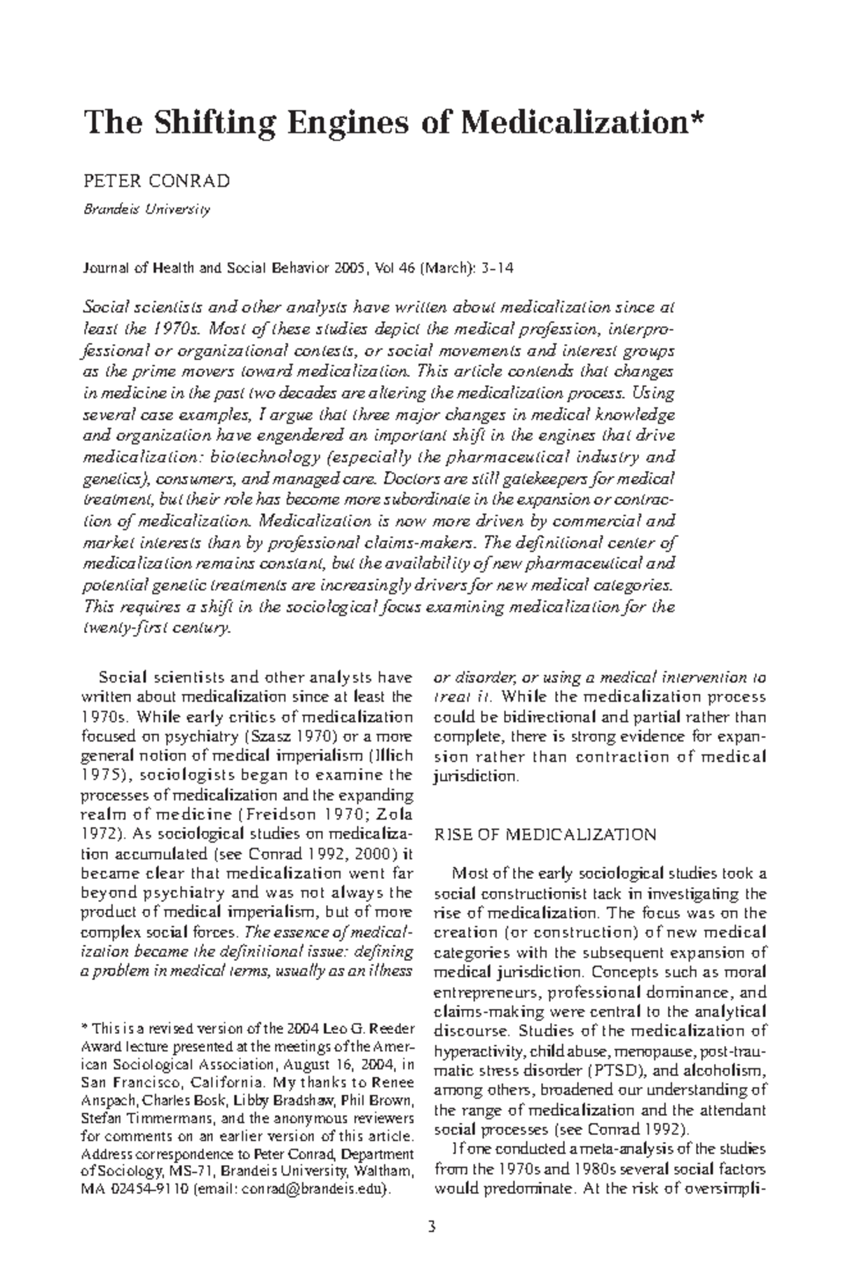 The Shifting Engines of Medicalization: Trends & Impacts (HSB 46) - Studocu