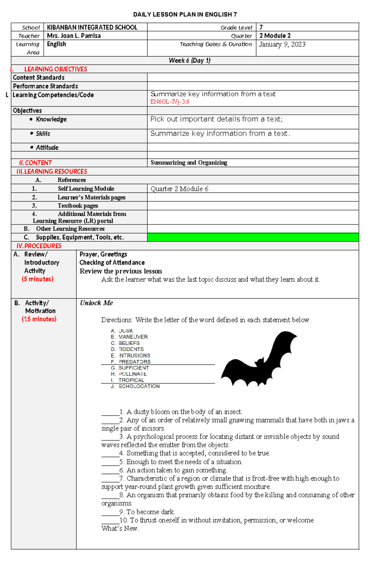 Daily Lesson Plan for English 7 - Week 6, Day 1 Activities - Studocu