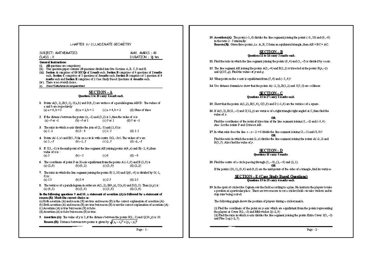 KENDRIYA VIDYALAYA MATHEMATICS CLASS X PRACTICE PAPER 03 COORDINATE GEOMETRY - Studocu