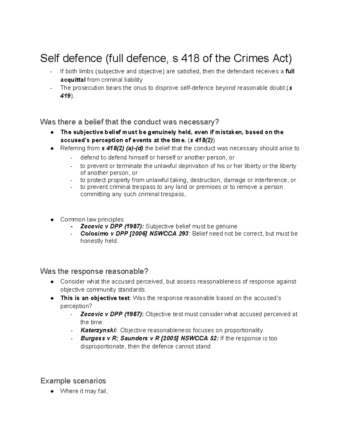 Defences flowchart - Self defence (full defence, s 418 of the Crimes ...