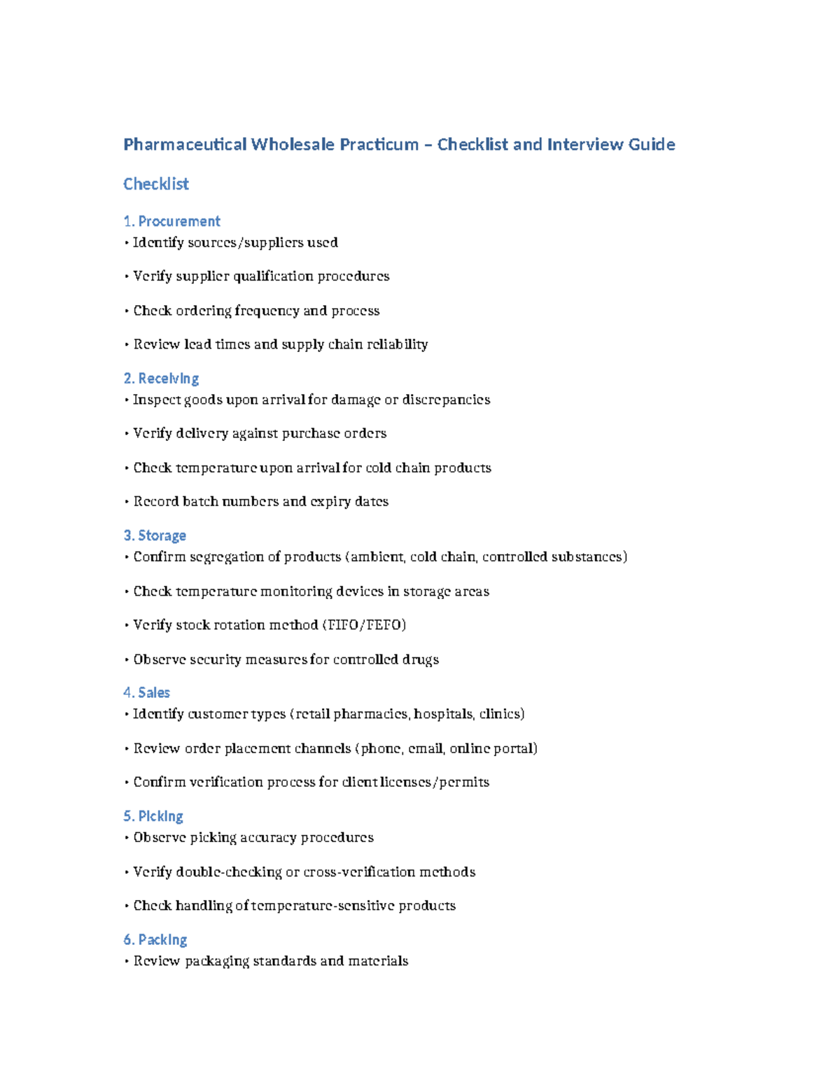 Pharmaceutical Wholesale Practicum Checklist & Interview Guide - Studocu