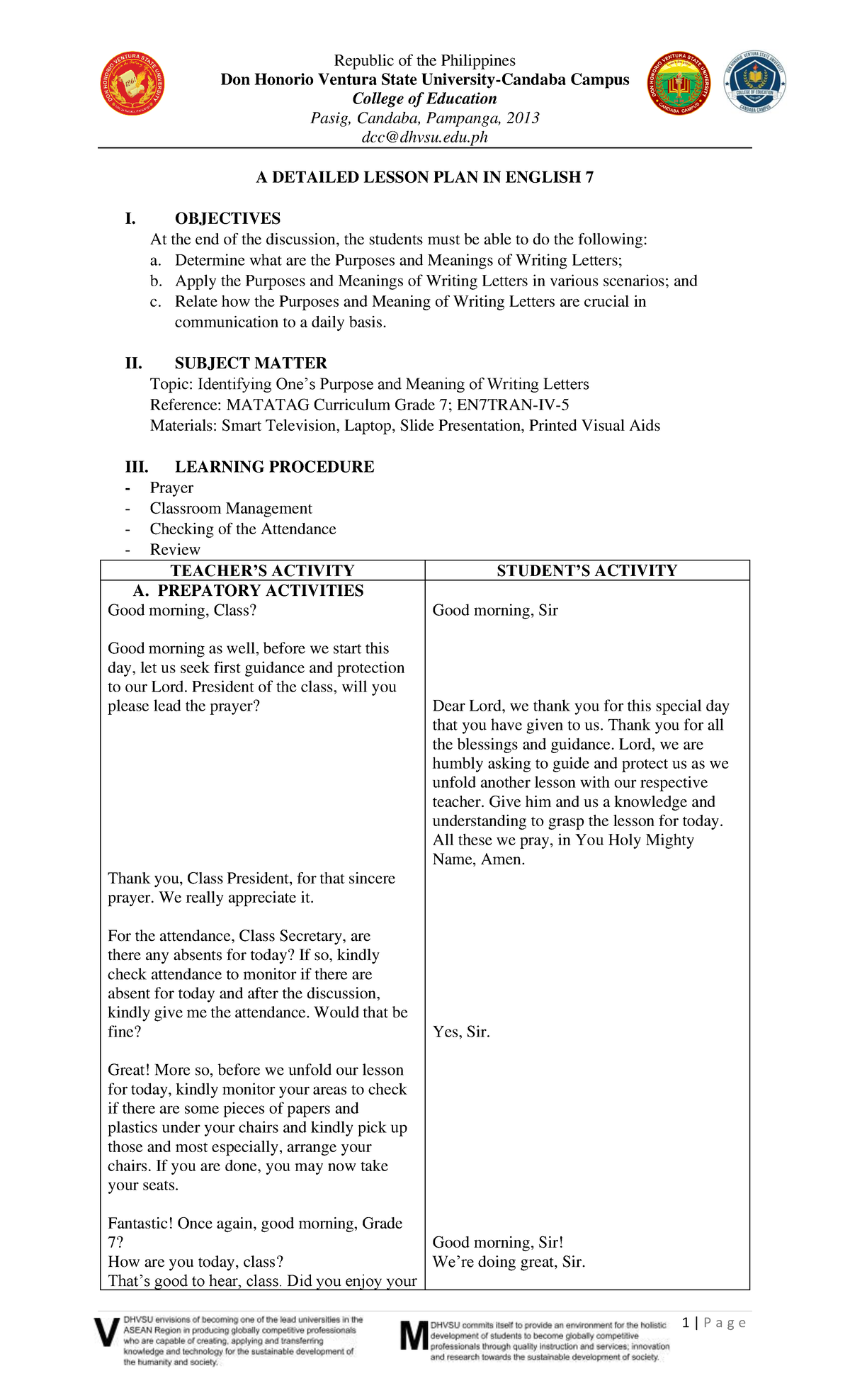 Detailed Lesson Plan: Purpose & Meaning in Writing Letters (English 7 ...