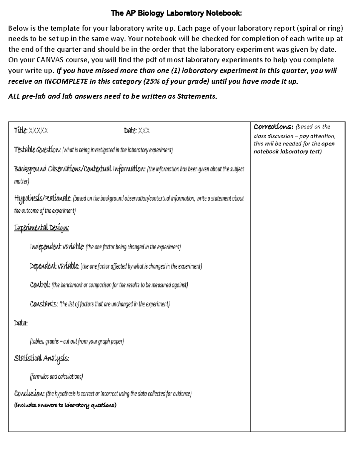 AP Biology Laboratory Report Template for Write-Ups - Studocu