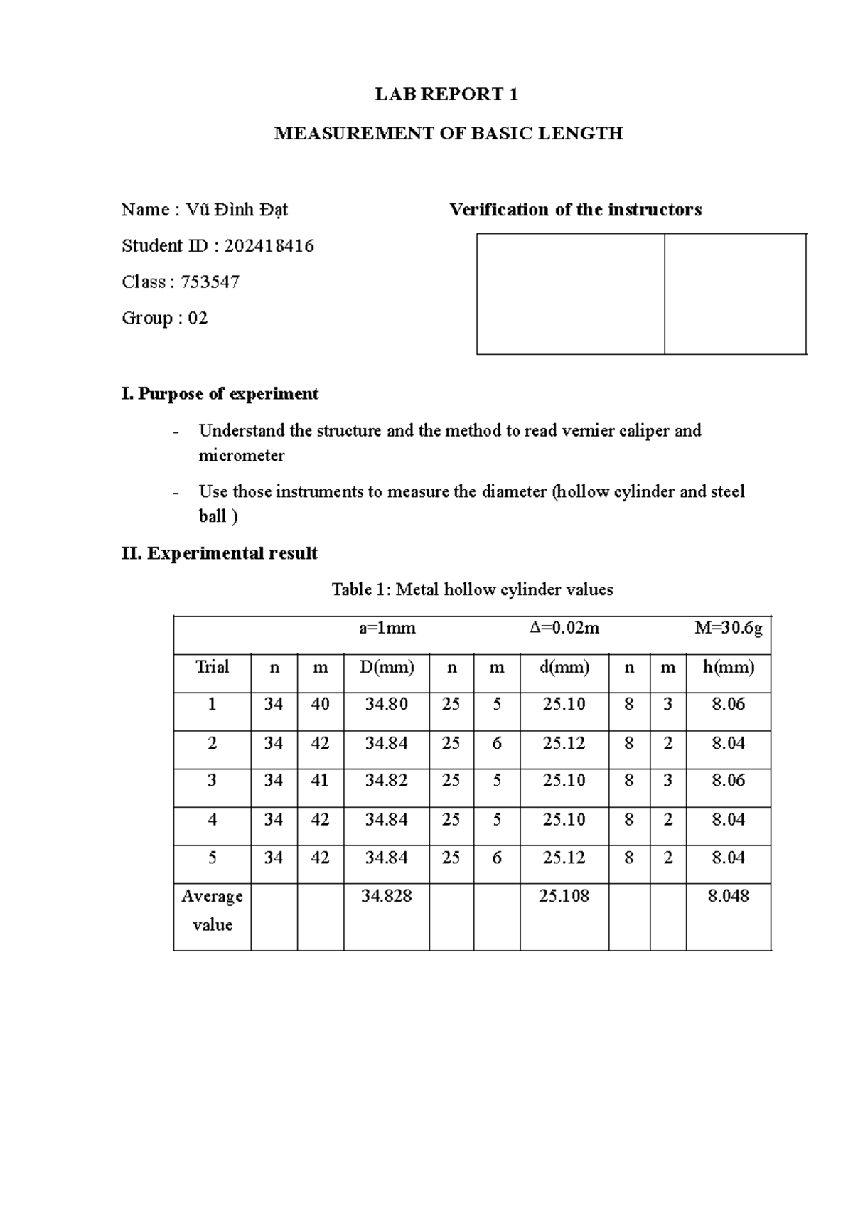 Lab report 1: Measurement of basic length (Ex1-VDD) - Studocu
