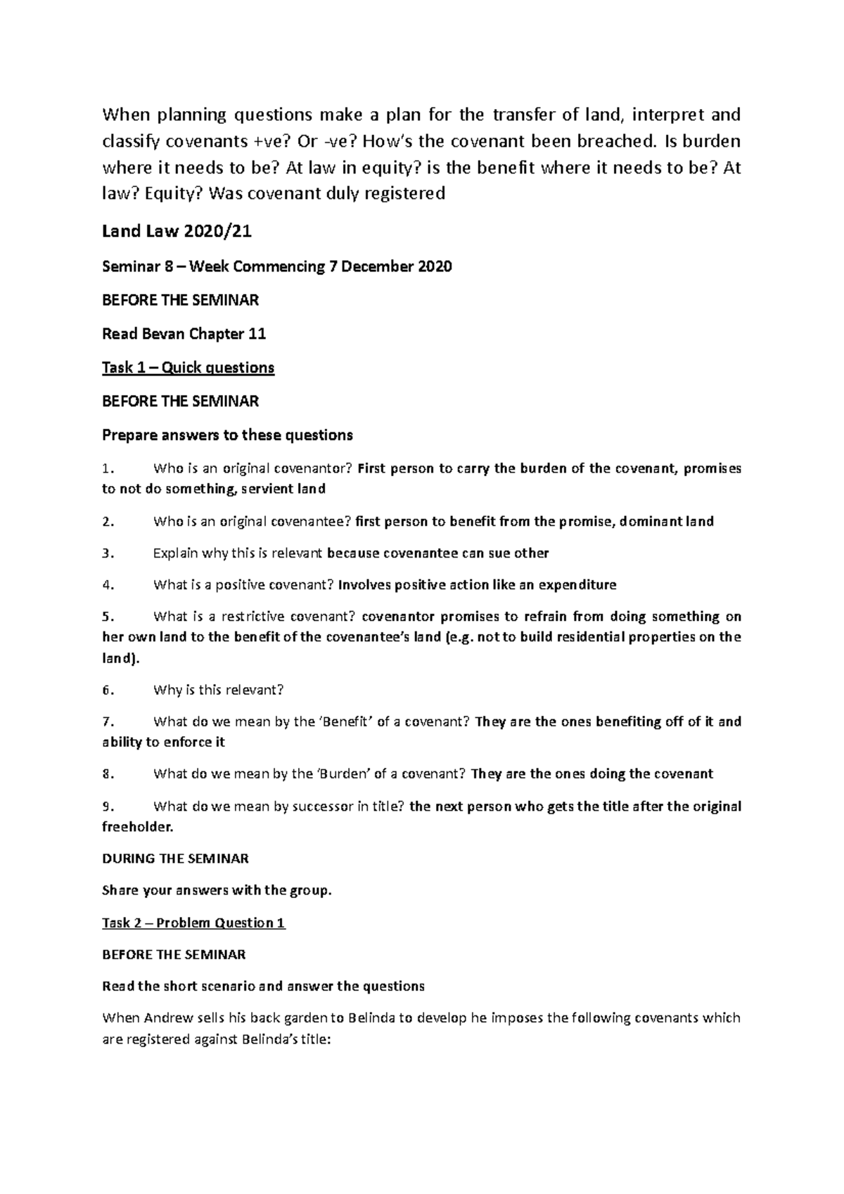 Seminar 8: Understanding Freehold Covenants and Their Enforcement in ...