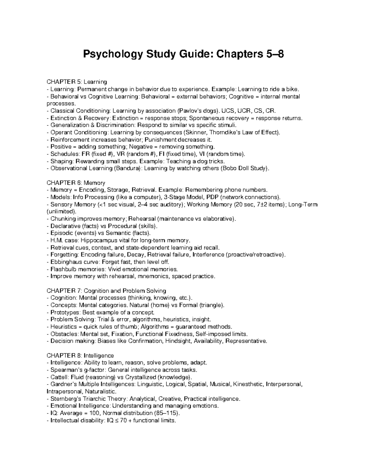 Psychology Study Guide: Chapters 5-8 (Learning, Memory, Cognition ...