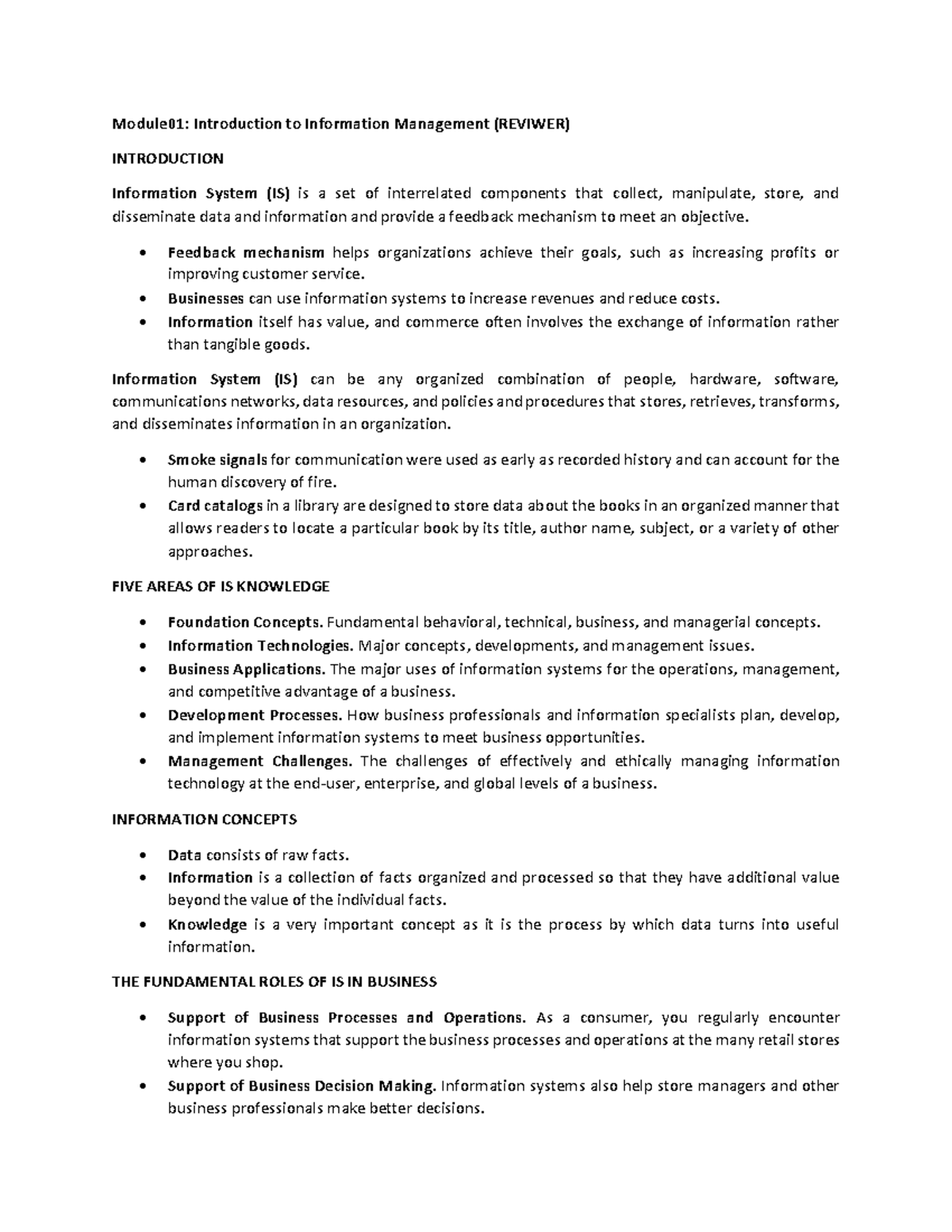 Module01: Intro to Information Systems (REVIEWER) - Studocu