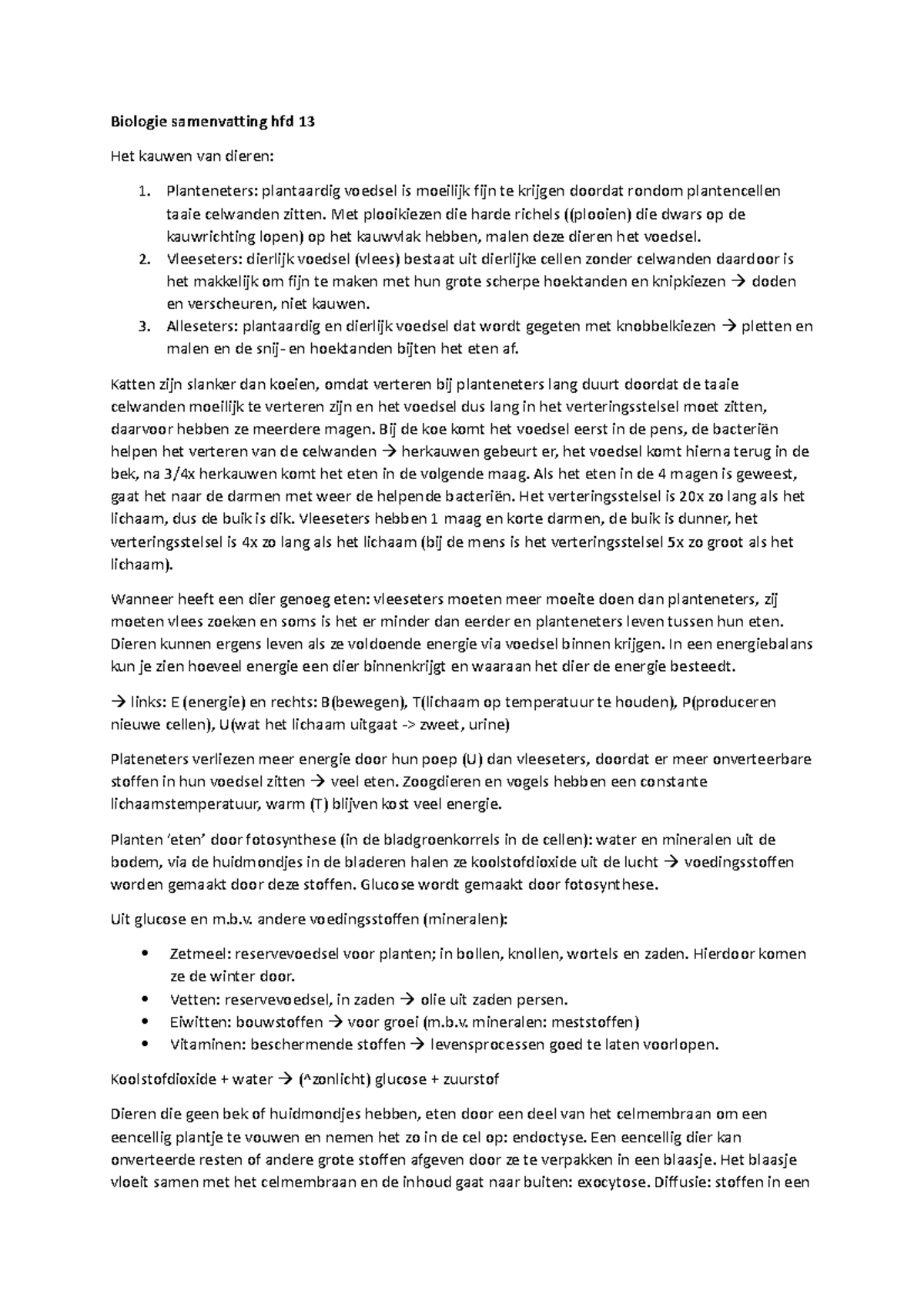 Biologie Samenvatting Hfd 13: Voeding en Ademen van Dieren - Studeersnel
