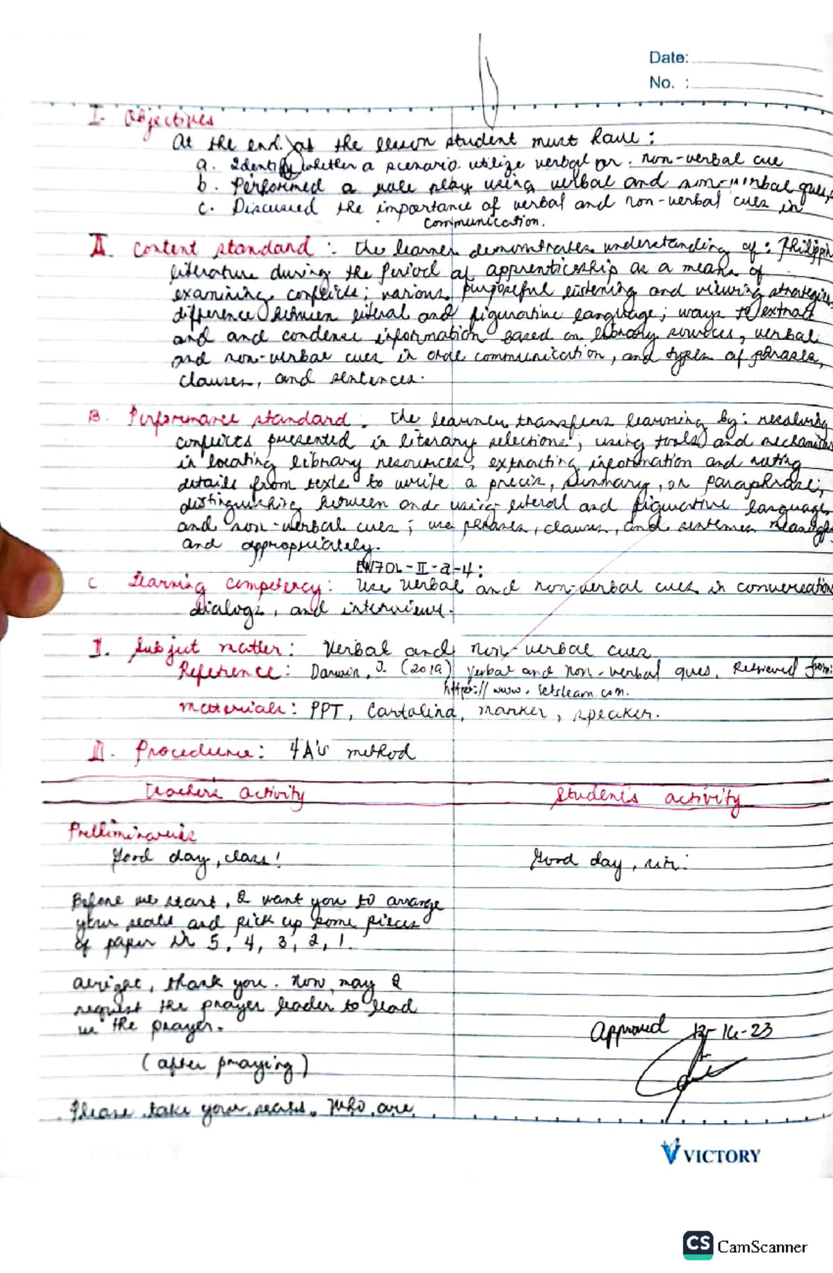 Lesson Plan in Speaking Skill - Date: No. : I objectives at the end ...